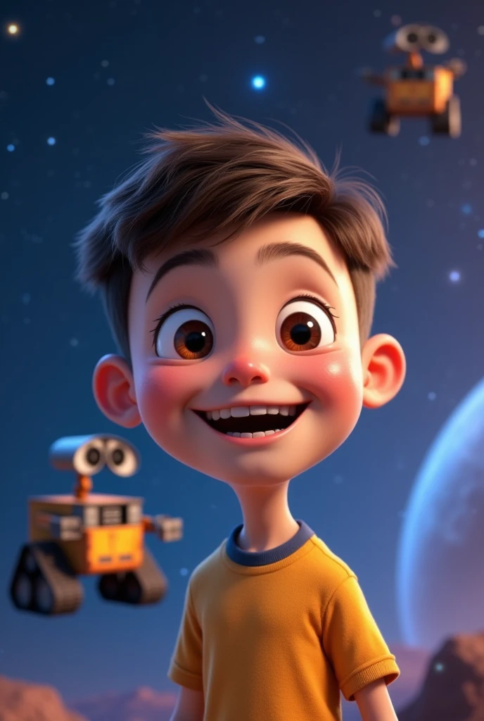 Create a smiling Pixar-style character , white boy ,Smiling haired and ...