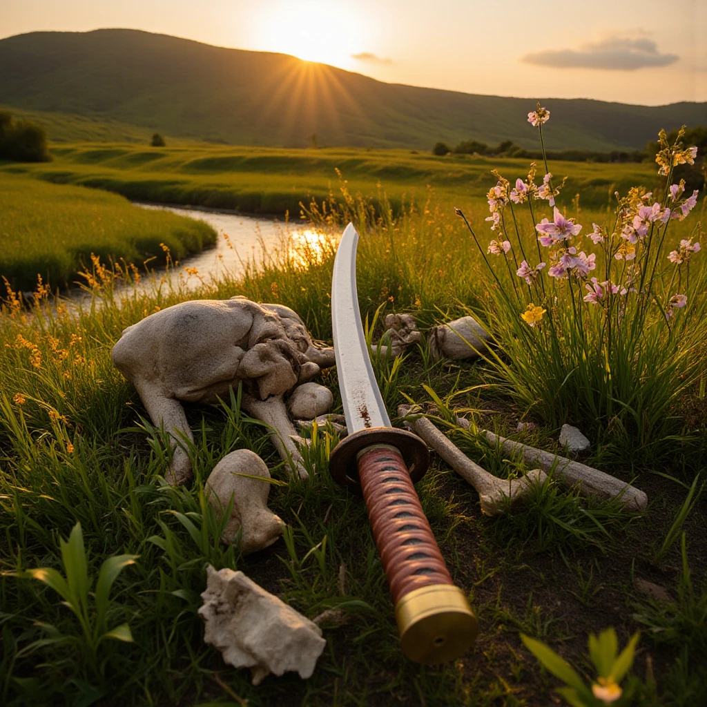 A beautiful japanese katana with a tattered and broken blade lies ...