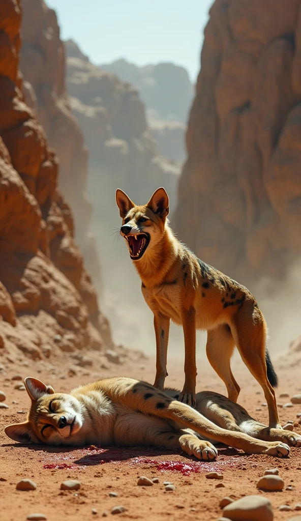A wild dog stands triumphantly over the torn body of a puma in a rugged ...