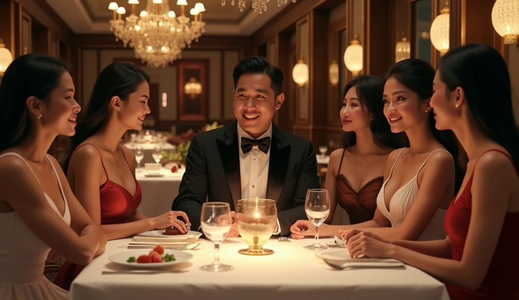 Rich asian man expensive dining with beautiful women with not revealing ...