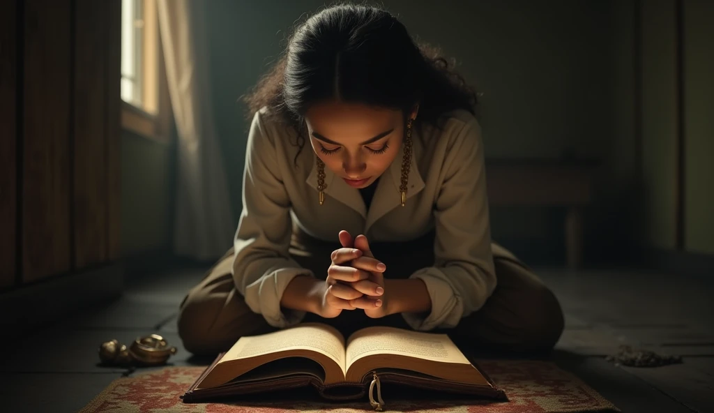 Generate images of a lady on her knee prayering holding a Bible praying ...