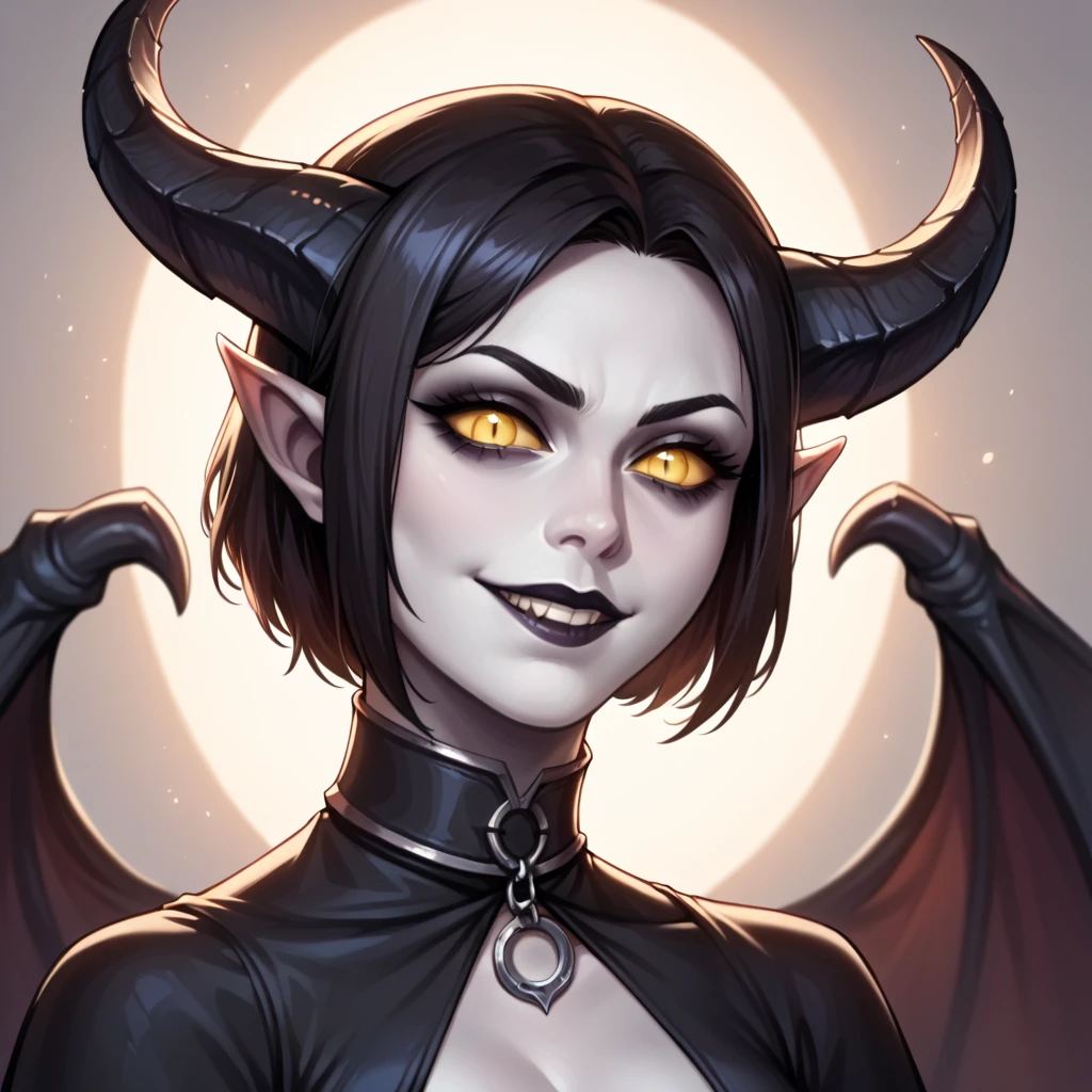 A tiefling, portrait, white skin, pale shiny sclera , dragon wings ...