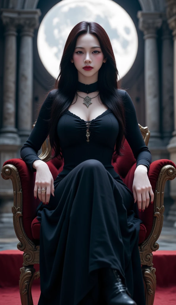 A vampire queen, sitting on a luxurious throne , set in a very majestic ...
