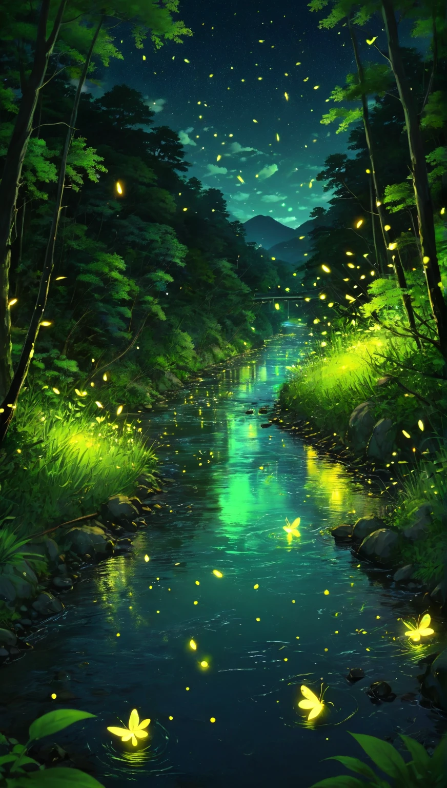 Night，暗いnight， in the woods， river flowing，Lots of fireflies - SeaArt AI