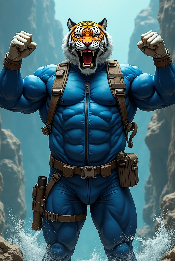 (A rugged beefy extremely muscular bulky old man), (wearing blue fully ...