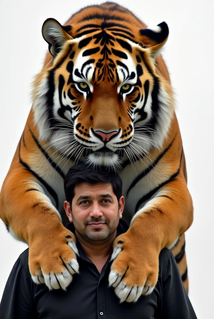 A large tiger approaches a man behind him, with its front legs hugging ...