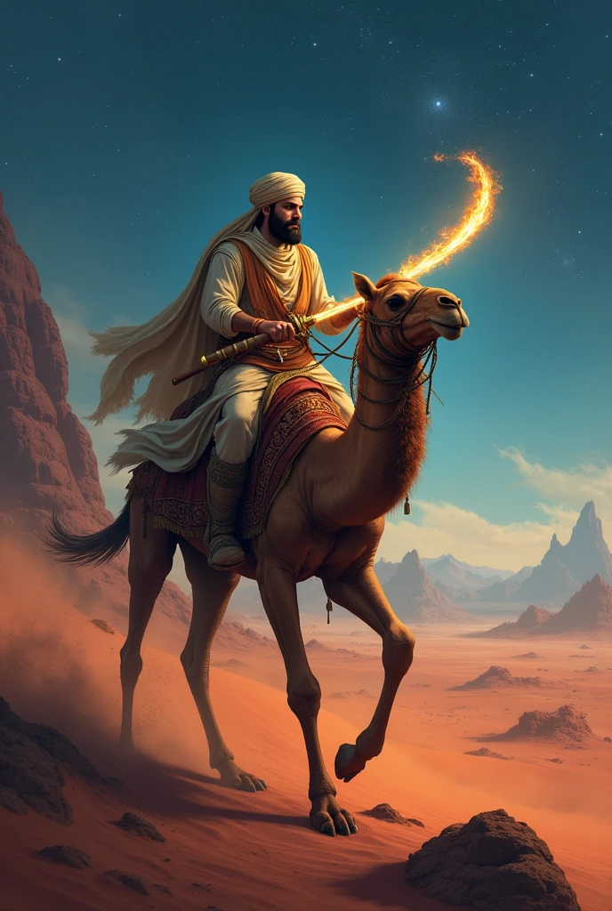 A halal anime warrior guy riding on a camel. Holding glowing flame ...
