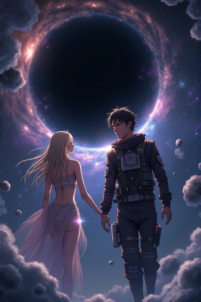 " Two characters float in space in a 2D manga style / anime with a dark ...