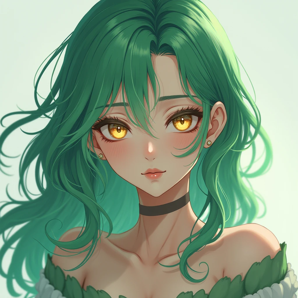 Anime girl Green hair Sharp golden eyes White skin Age: 40 years ...