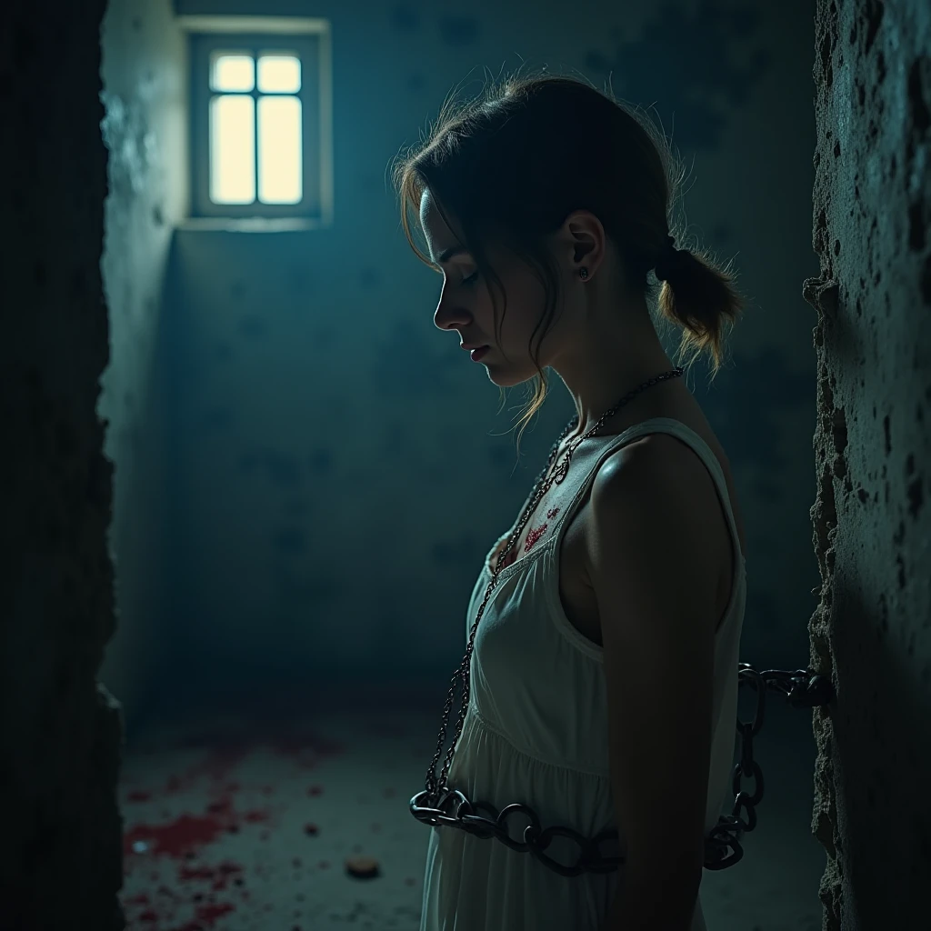 In a dark and damp room, a young woman stands, looking like a fragile ...