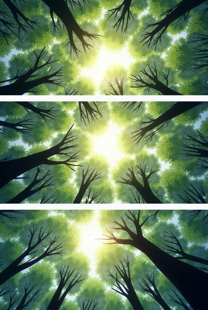 A set of three panels depicting a view of a tree or multiple trees from ...