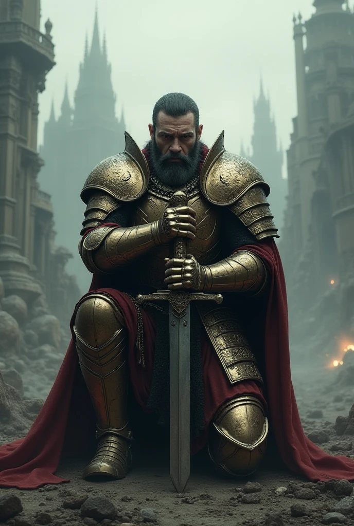 An emperor in his armor holding his sword kneeling with his empire ...