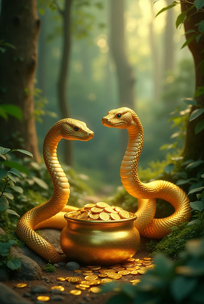 In a large forest, two beautiful golden snakes are roaming around ...