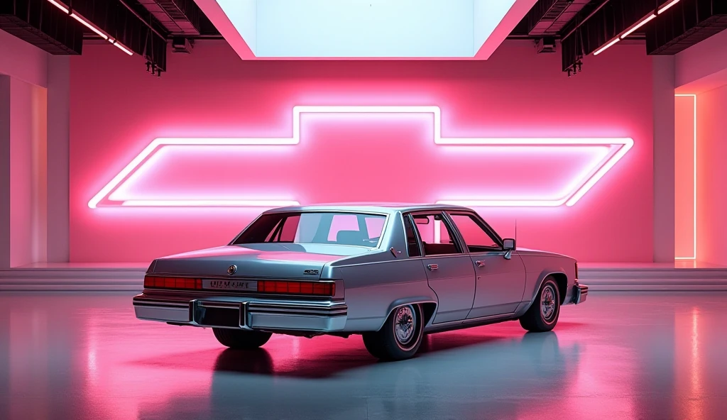 Sleek showroom 1986 Chevy Impala in back wall logo chevy Pink - SeaArt AI
