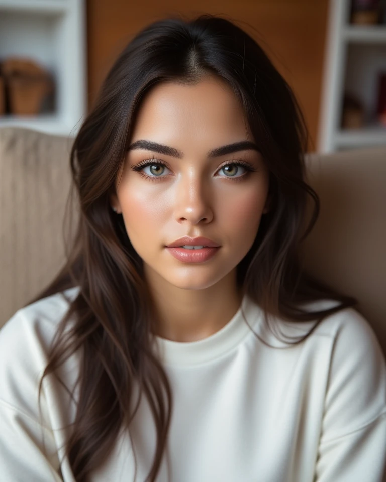 An hyper-realistic portrait of a 18 years old girl sitting on a ...