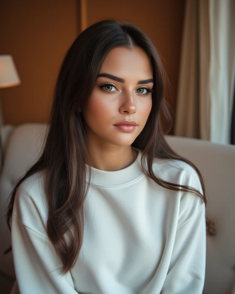An hyper-realistic portrait of a 18 years old girl sitting on a ...