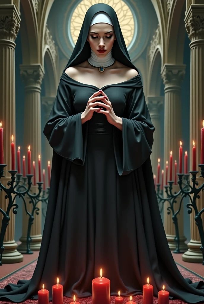 nun. Performing a spiritual ritual. Burgundy fingertips wearing a black ...