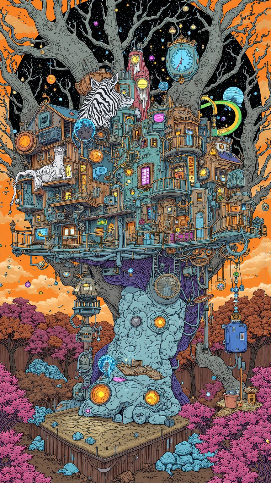 Jungle and Treehouse painted with fine brushstrokes々Animals, and other ...