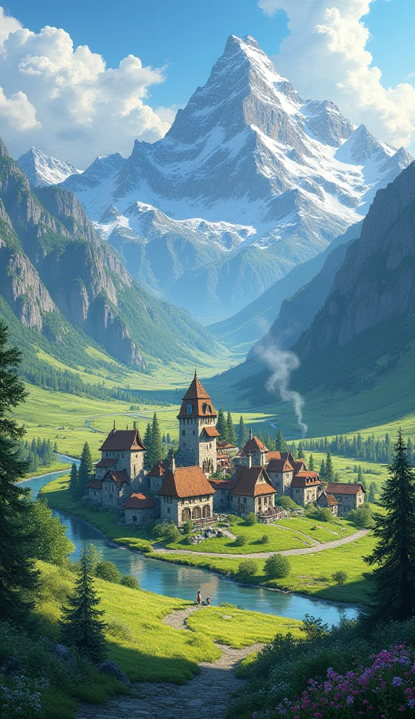 A picture of a village between mountains and valleys - SeaArt AI