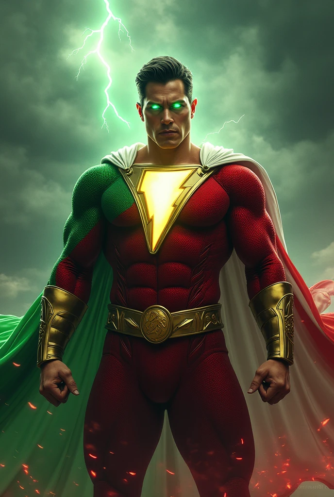 /imagine prompt: A powerful hybrid character merging Shazam and Loki ...