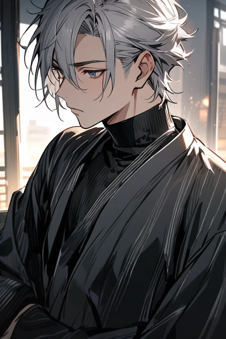 Solo, handsome, 1man, bang, silver hair, black turtleneck, kimono ...