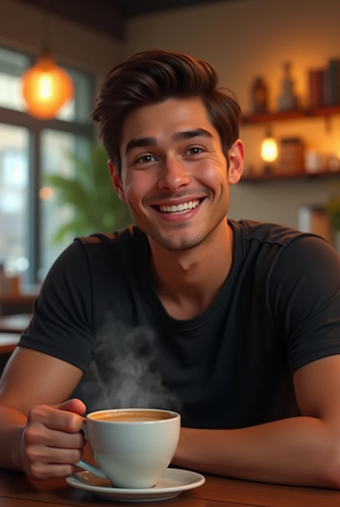 Happy young man without a beard sitting drinking steaming coffee ...