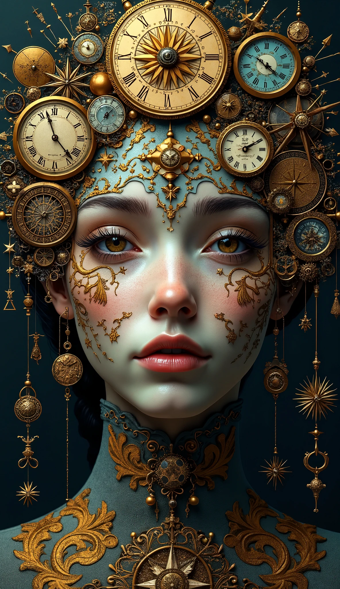 There is a woman with a clock on her head and a clock on her head ...