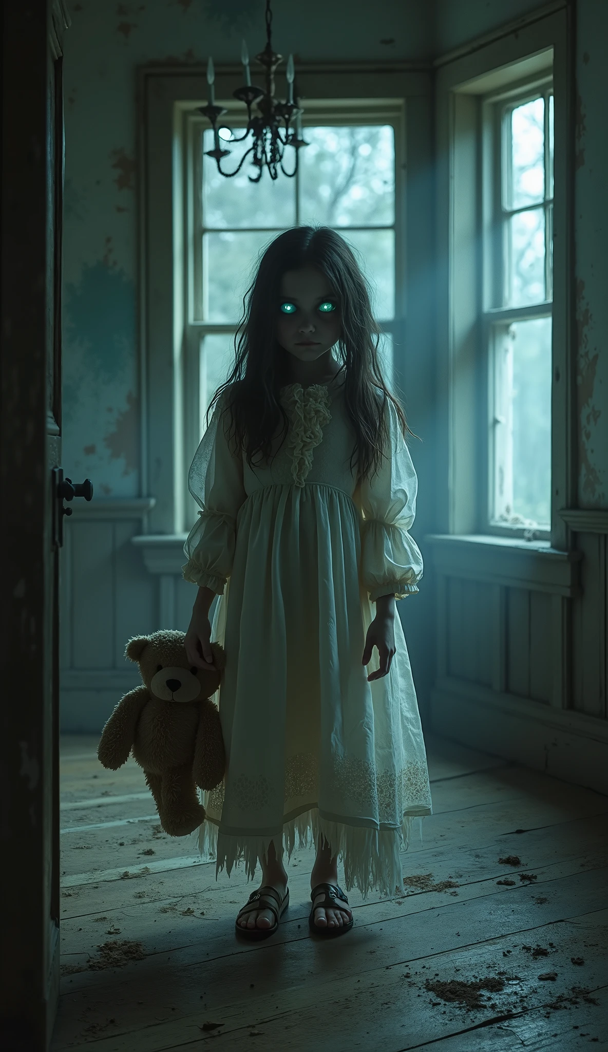 Arafied doll with a teddy bear in a room with a chandelier - SeaArt AI