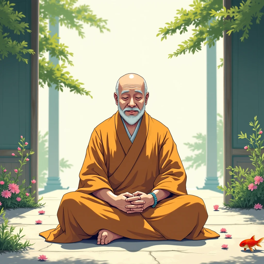 Anime-style picture. A lone monk sitting with his hands clasped and ...