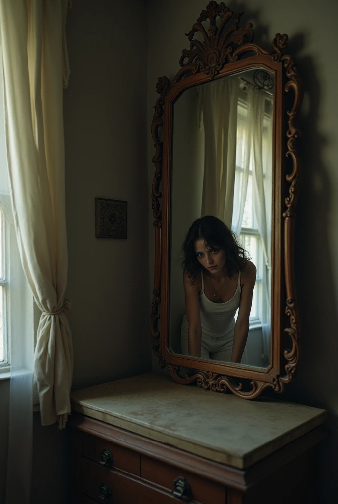 A dull room with an antique mirror, leaning against the wall - SeaArt AI