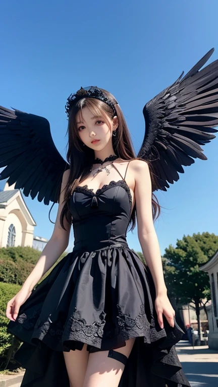 Church in the Blue Sky Fallen angel with big black wings 12age gothic lolita pr - SeaArt AI