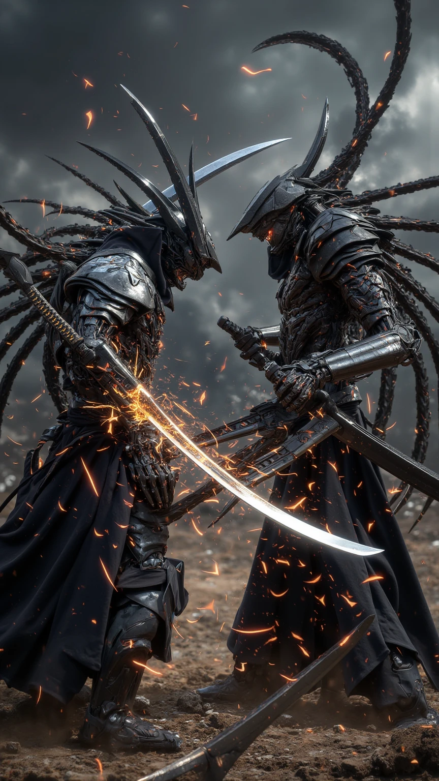 and two warriors ，One with a knife ， and a sword ， on the battlefield ...