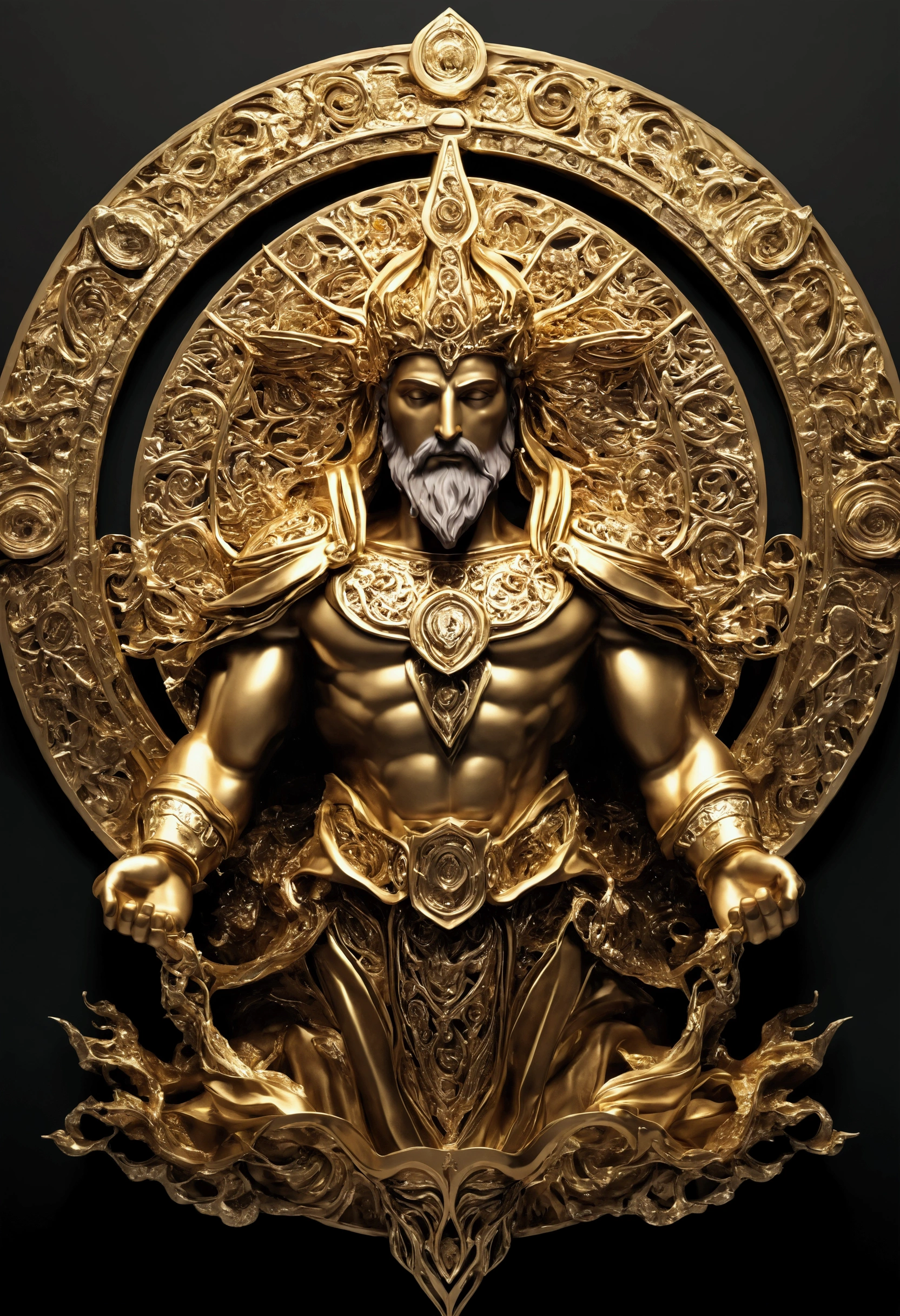 A close up of a gold statue of a man with a beard - SeaArt AI