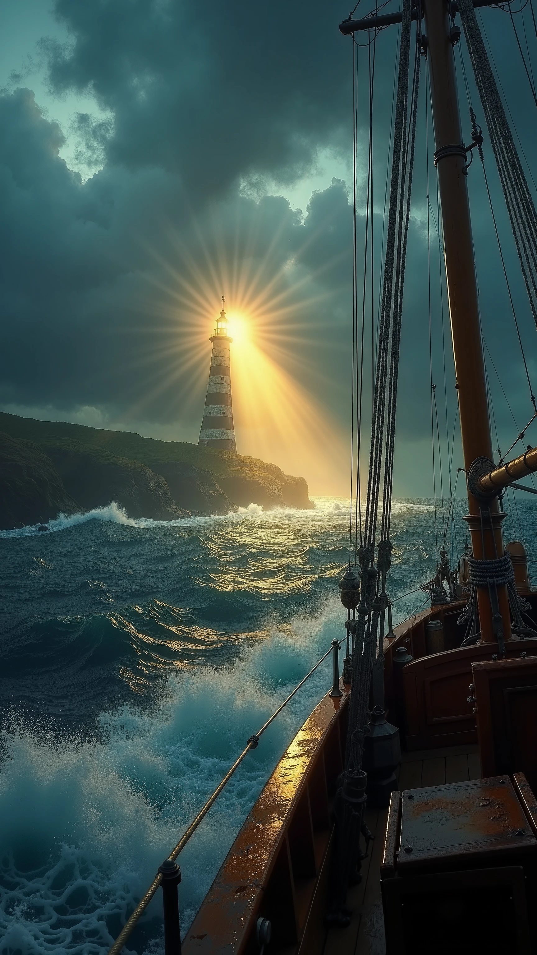 Arafed view of a lighthouse on a stormy day from a boat - SeaArt AI