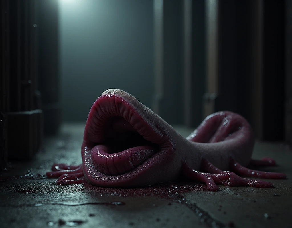 In a dimly lit, Gothic-chic setting, a mesmerizing vampire leech ...