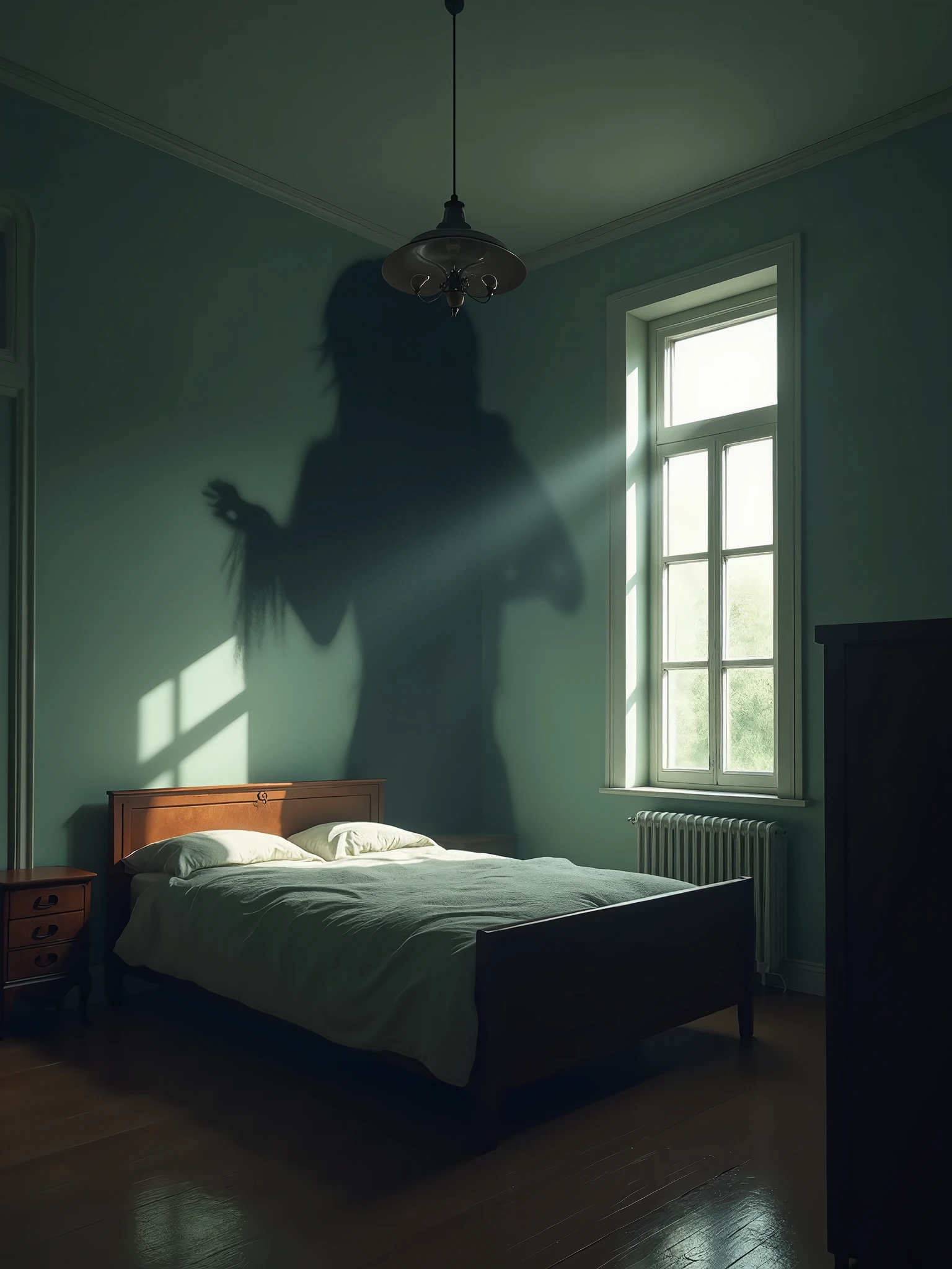 Arafed shadow of a person on a wall in a bedroom - SeaArt AI