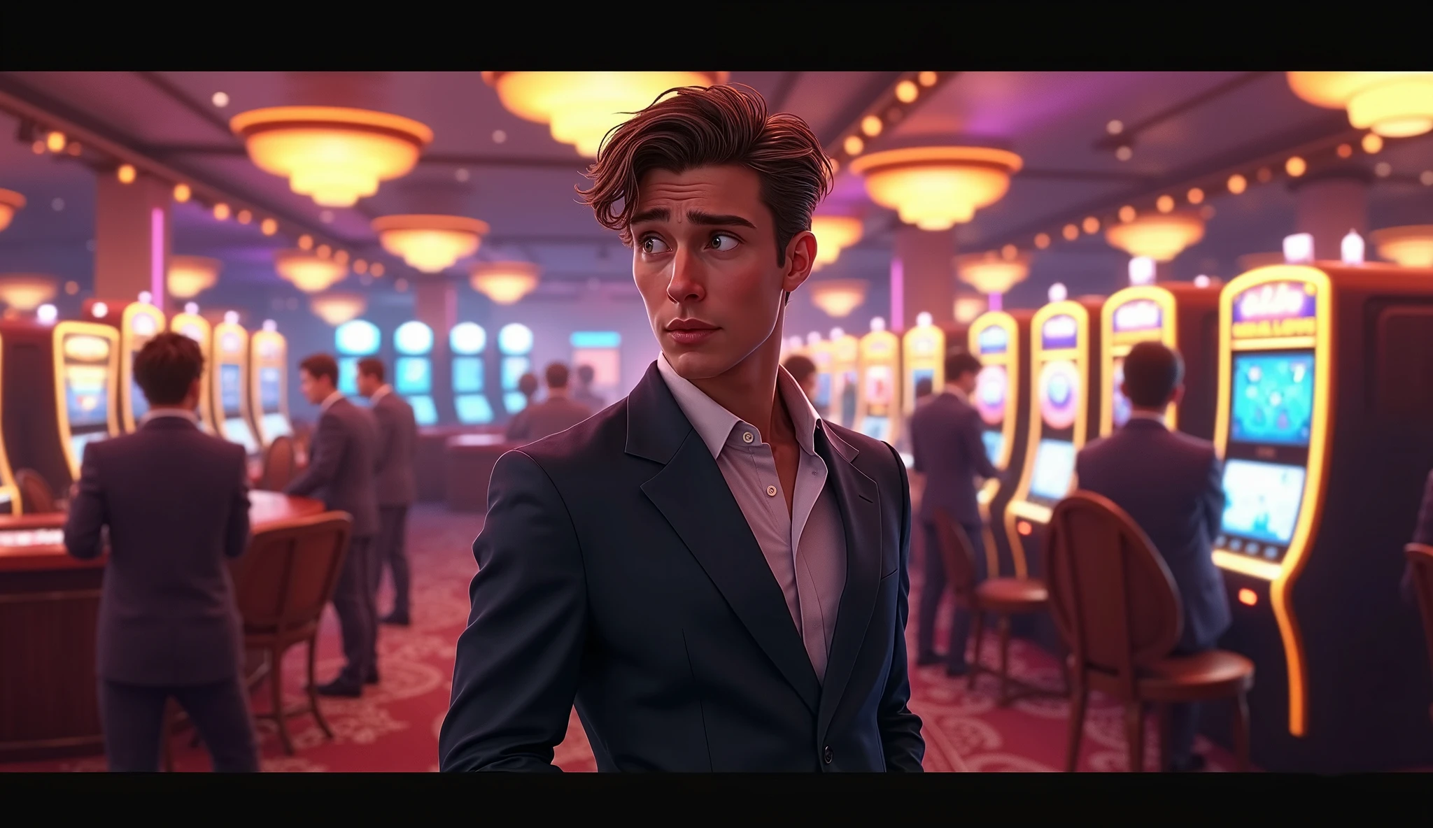 There is a man in a suit standing in a casino - SeaArt AI