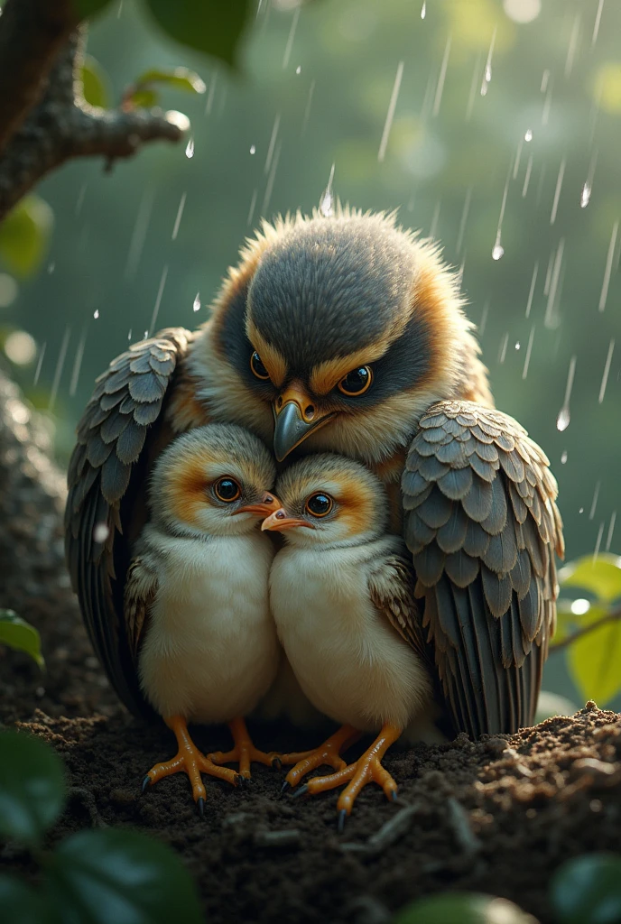 A bird protecting its ren from the rain - SeaArt AI