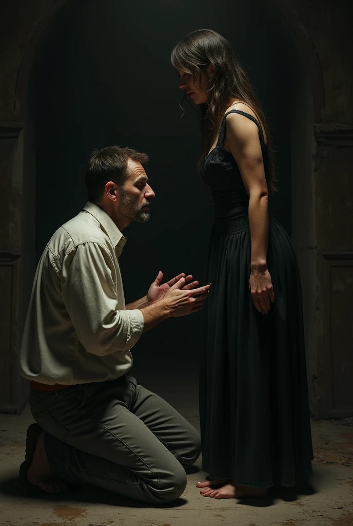 Husband kneeling and pleading behind his wife - SeaArt AI