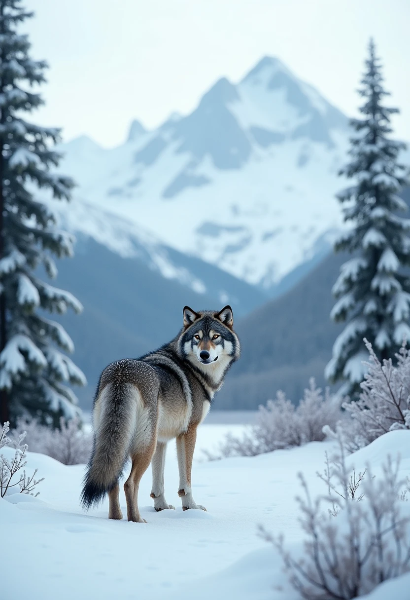 A realistic photo of a lone wolf, ice-covered forests . Alaska ...