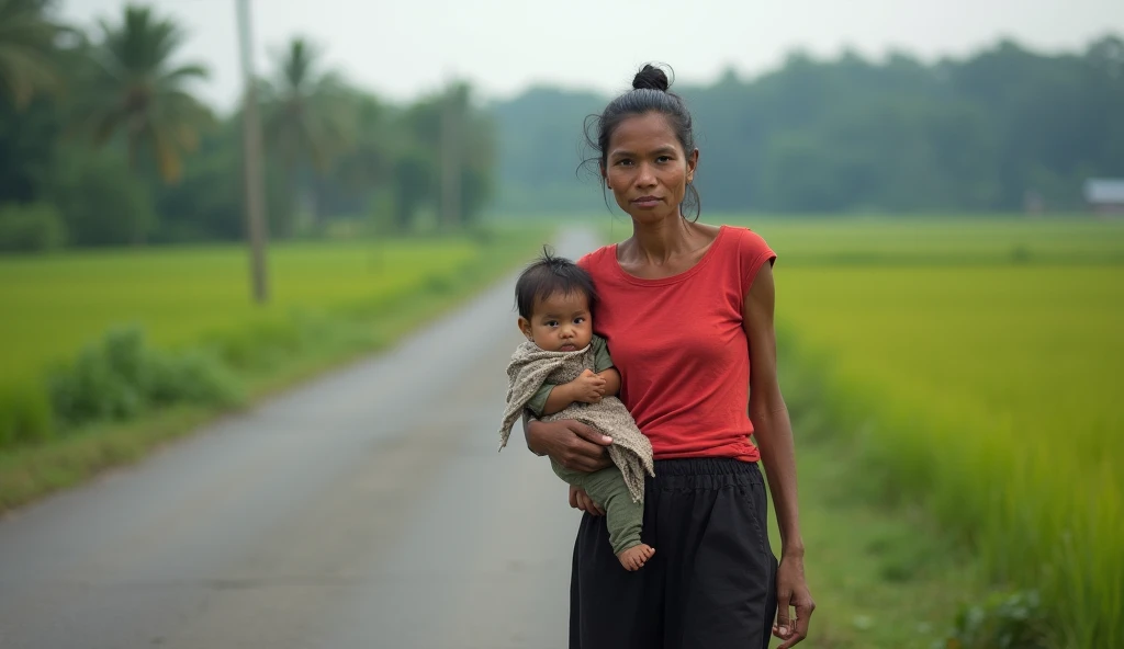 Poor indonesian woman, thin body wearing a red t-shirt and black ...