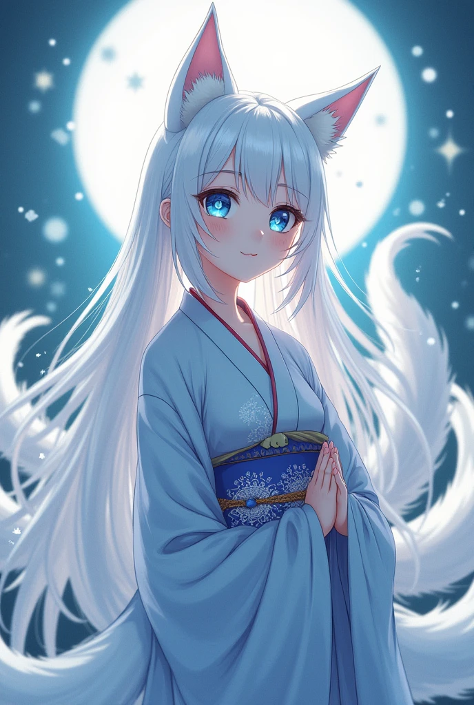 Kitsune girl, nine tales, white hair, blue eyes, high quality - SeaArt AI
