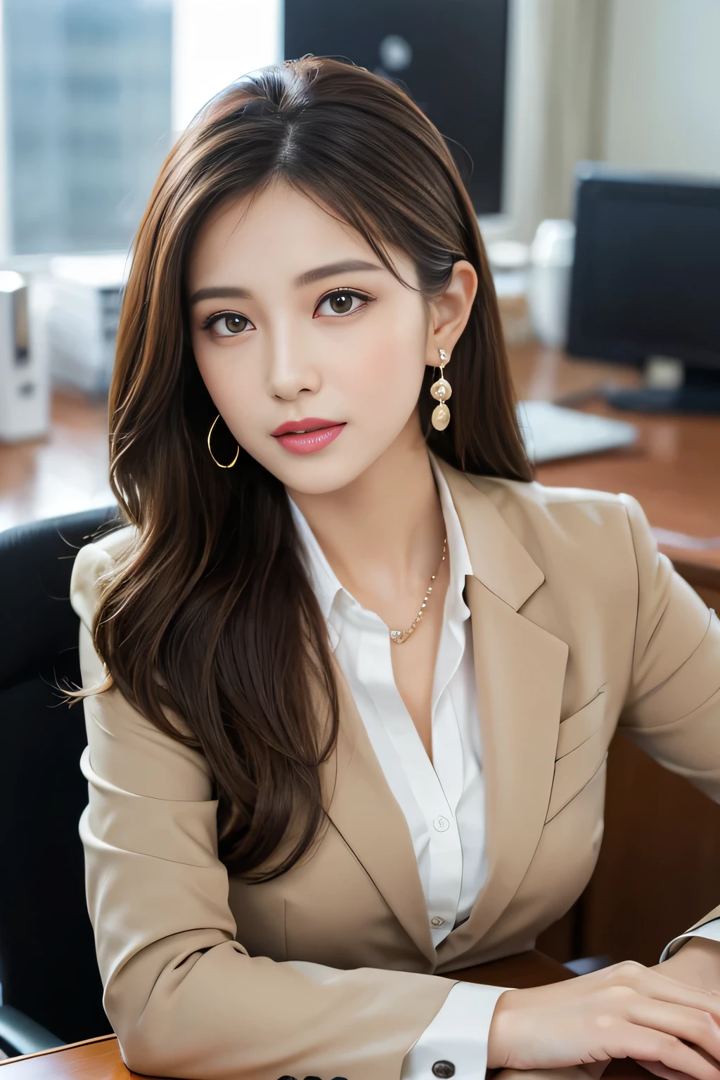 Arafed woman in a tan suit sitting at a desk with a laptop - SeaArt AI