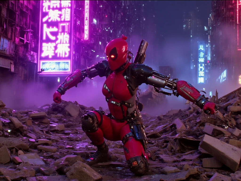 Screenshot from an 80s sci-fi movie of ( Lady Deadpool), (BATTLE SCENE ...