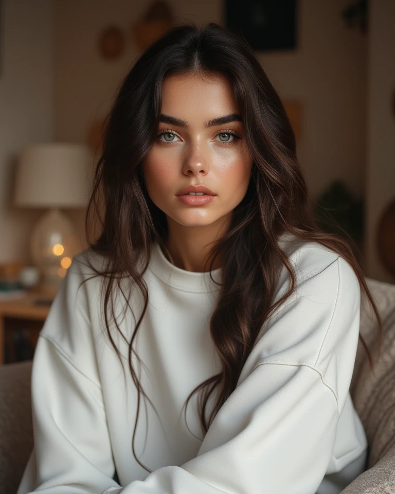 An hyper-realistic portrait of a 18 years old girl sitting on a ...