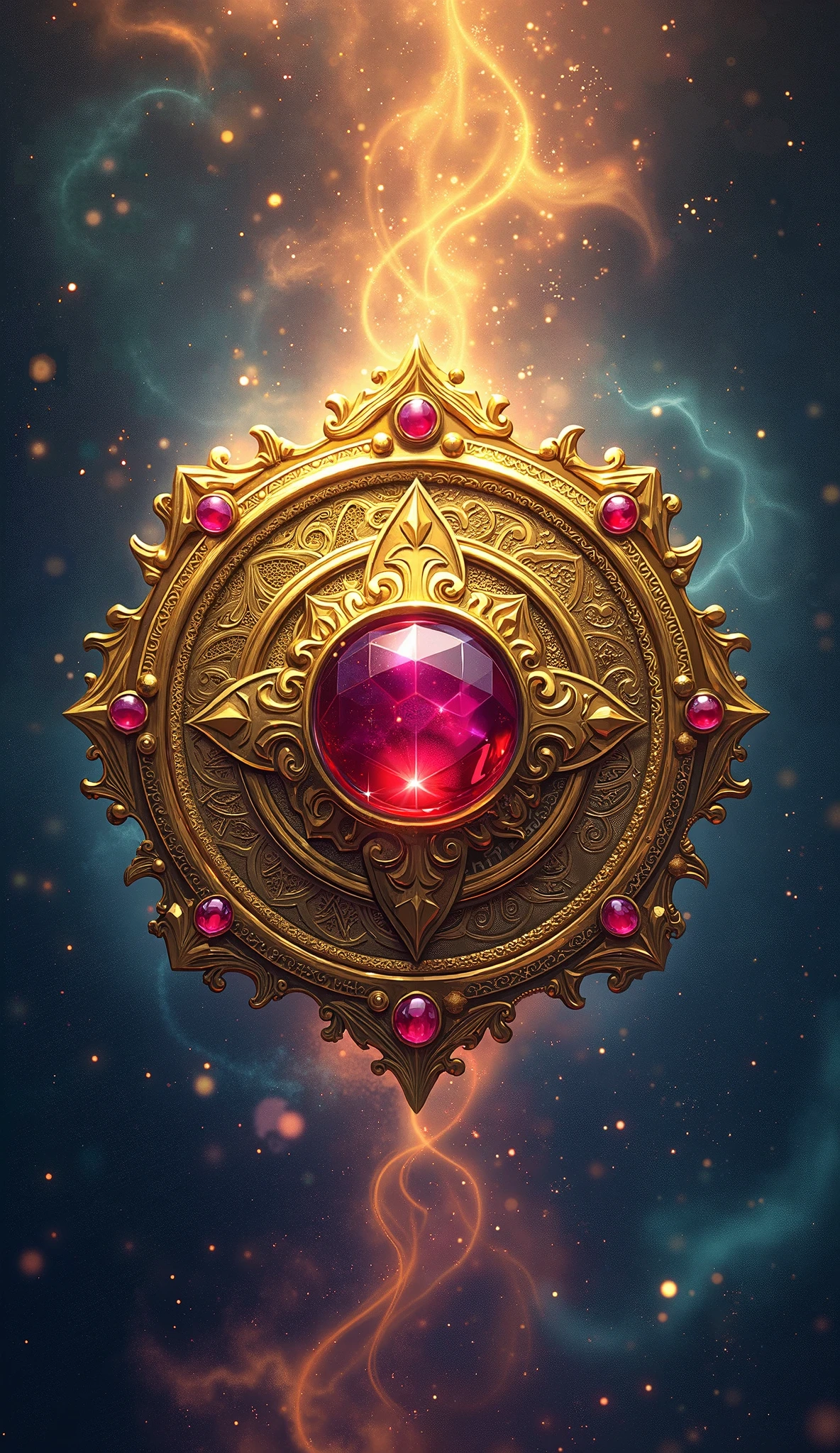 A close up of a gold medallion with a red stone surrounded by pink ...