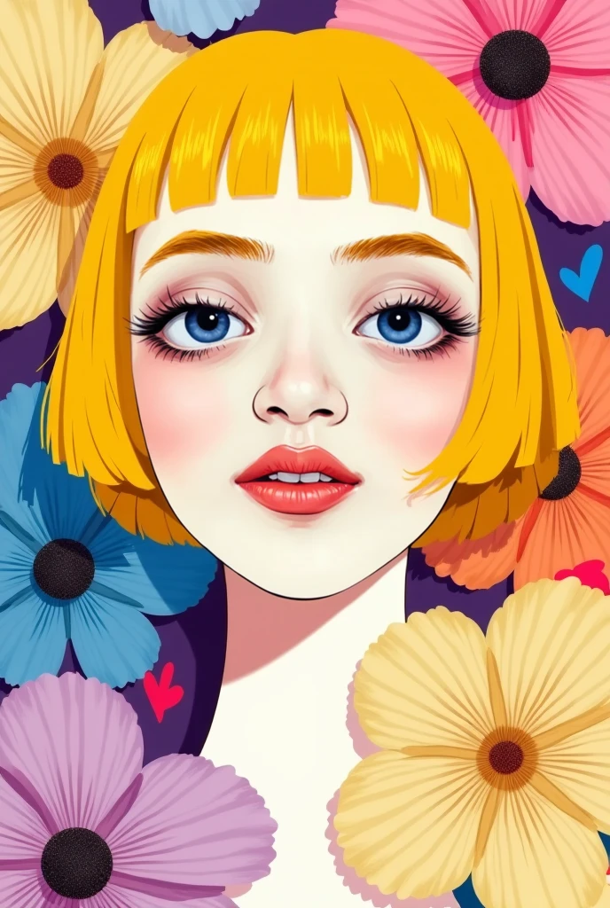 Vibrant semi-abstract portrait of a young woman surrounded by large ...