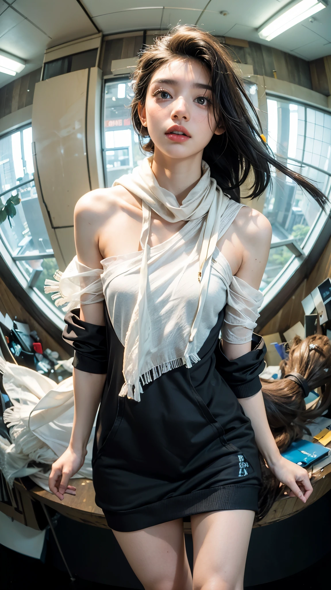 Arafed woman in a black dress and white scarf posing for a picture - SeaArt AI