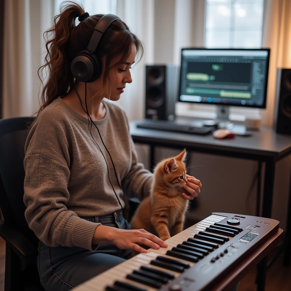 A young beautiful woman is playing a keytar in his room, with ...
