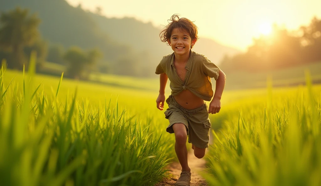 The 18 years old poor boy wearing clothes running through lush green ...